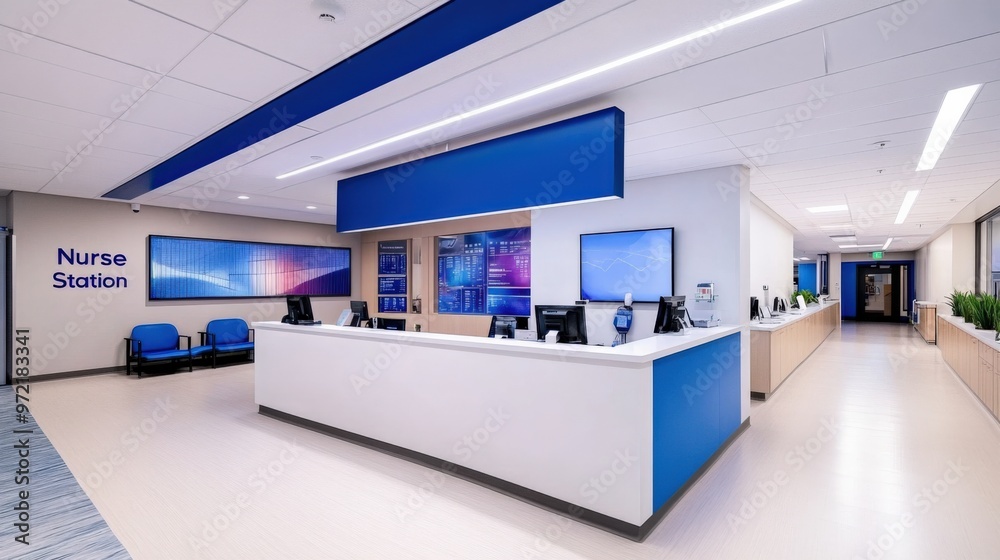 Modern nurse station in a hospital, featuring sleek design, efficient ...