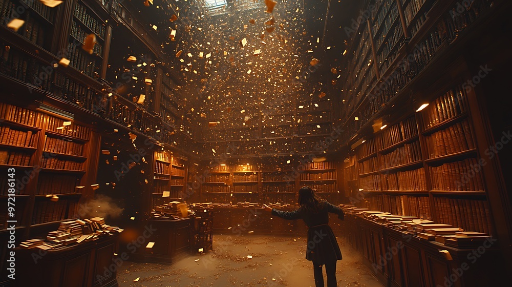 A person exploring dusty vintage bookshelves in a grand, old library ...