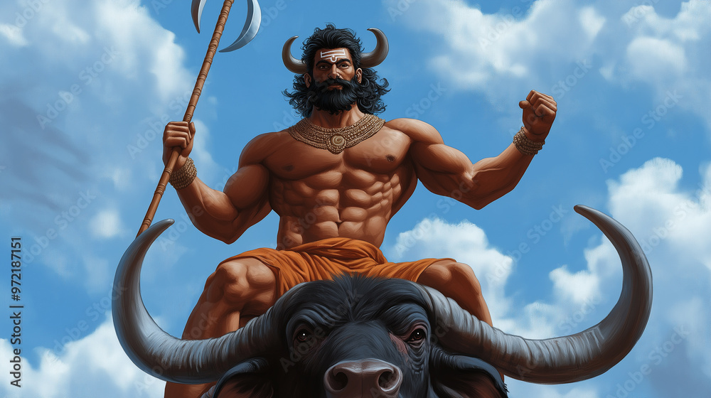 Artistic depiction of Lord Yama, the god of death, with a fierce ...