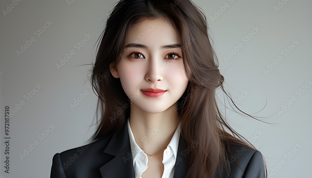 Elegant Chinese woman in suit with dimpled smile and long hair ...