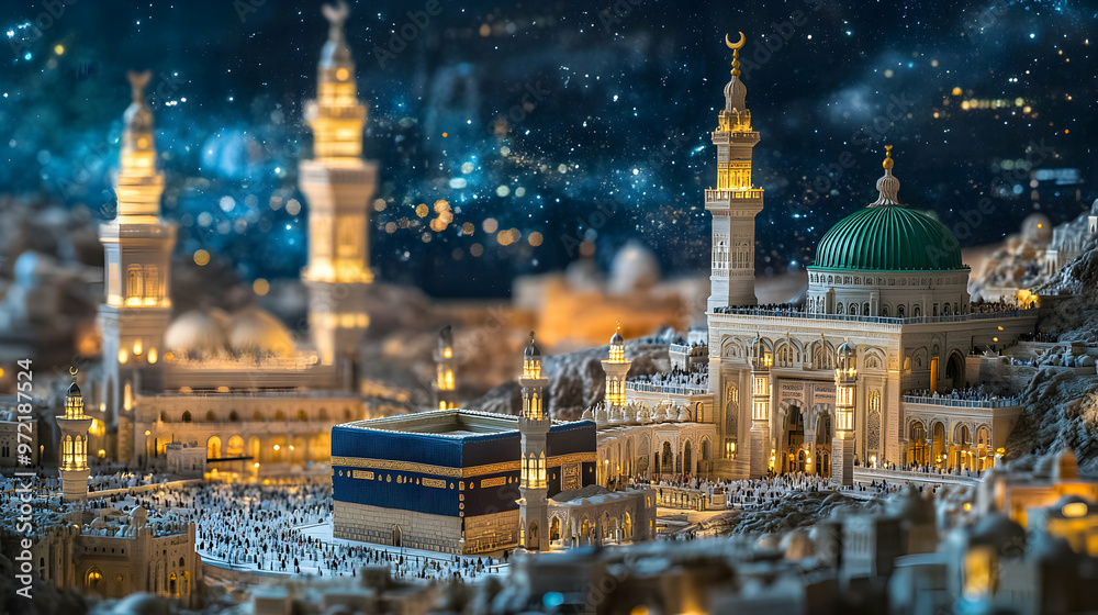A miniature model of Mecca, Saudi Arabia, with the Kaaba and the Masjid ...