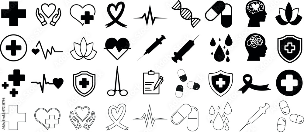 Medical symbol and healthcare icon set, hospital cross, heart, syringe ...