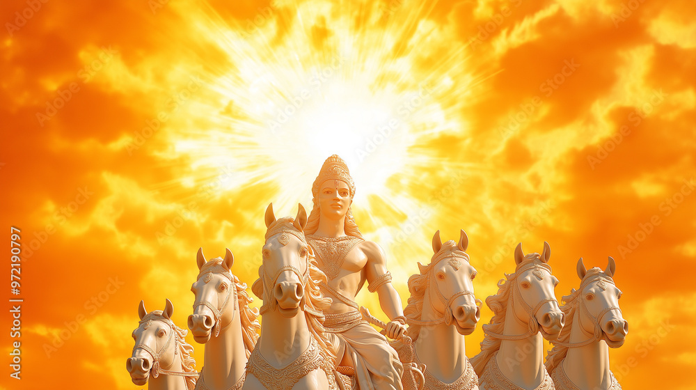 Divine portrayal of Lord Surya, the sun god, riding a chariot pulled by ...