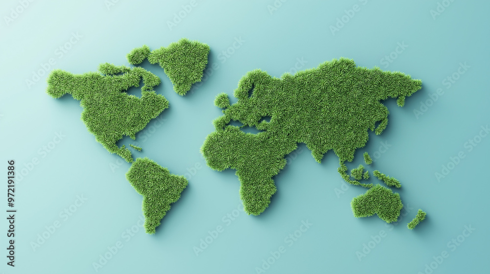 Eco-friendly world map with continents made from green foliage textures ...