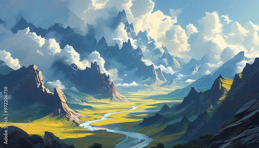 Mountains and clouds are intertwined, giant rocks appear more majestic ...