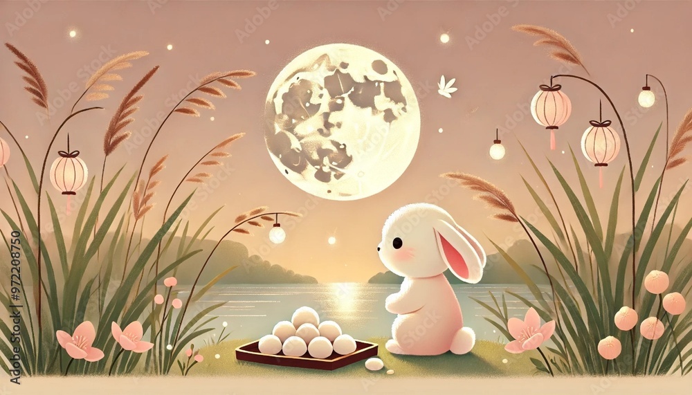 A gentle scene of a rabbit sitting by a riverbank, gazing at the ...