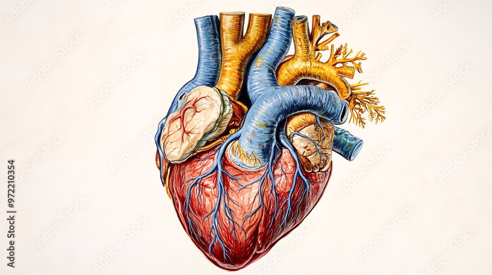 Cross-sectional view of the human heart anatomy including blood vessels ...