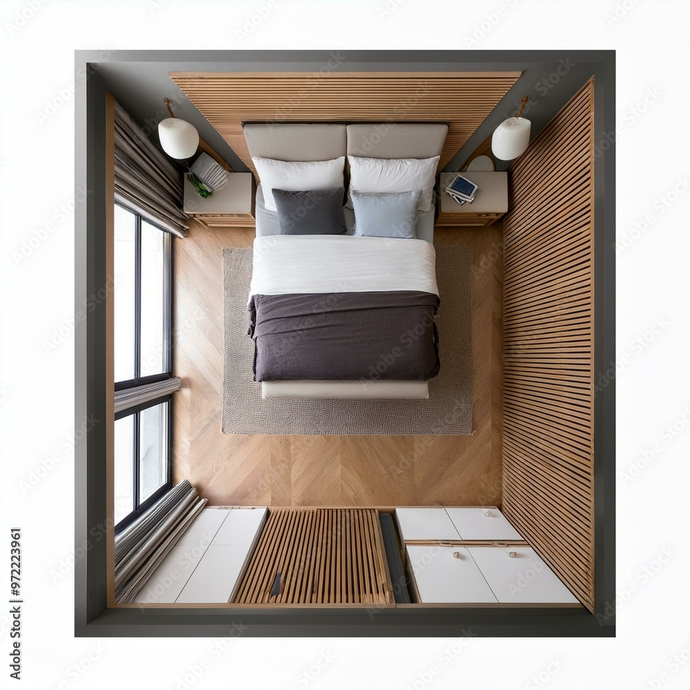 Detailed 3D Floor Plan of a Guest Room Featuring a Low Platform Bed ...