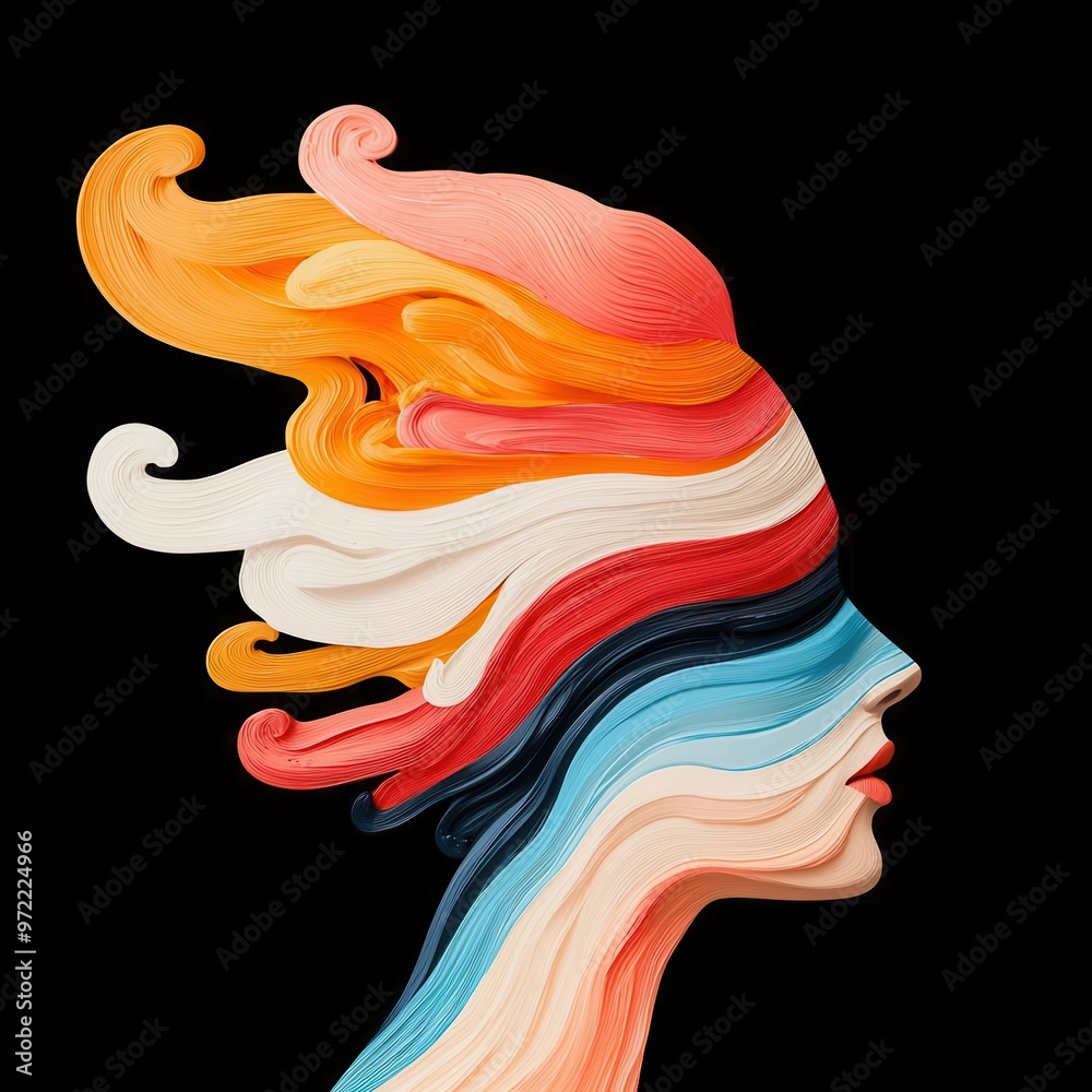 Human head filled with colorful swirling ideas, symbols of business and ...