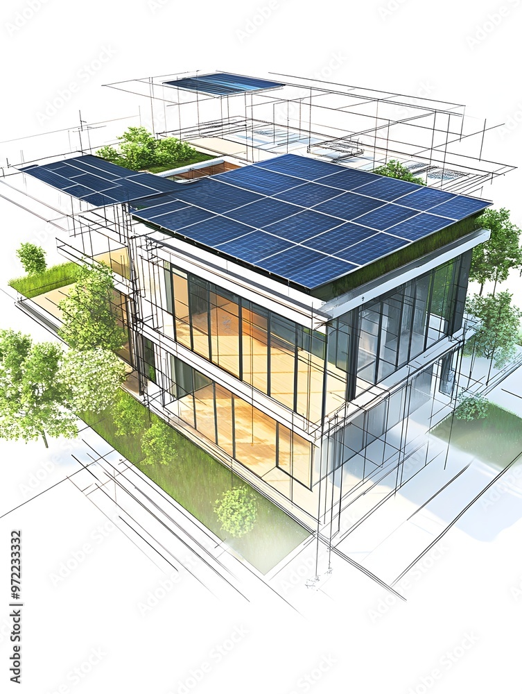 house blueprint with green power panel. Sketch of residential building ...