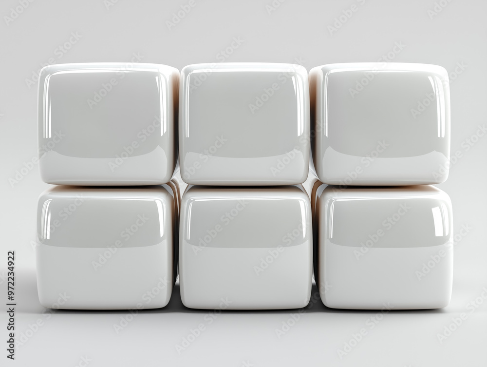 Six white cubes are stacked in two rows on a white background, creating ...