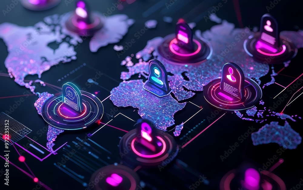 A glowing world map with AI icons and customer service avatars located ...