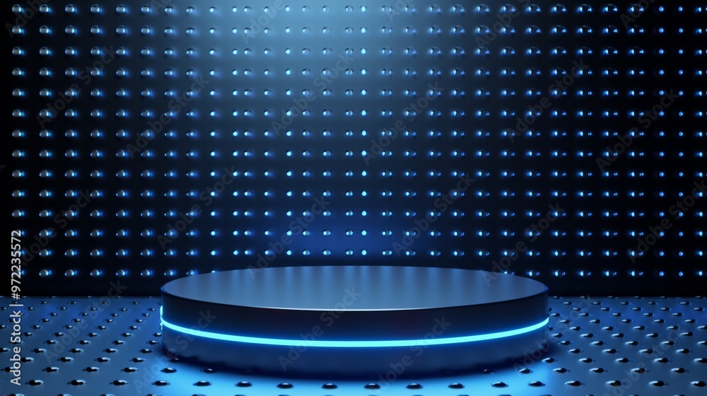 3D digital product background with neon lights, silver block podium ...