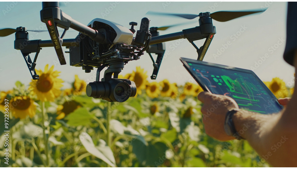 A drone equipped with sensors captures crop data over a sunflower field ...