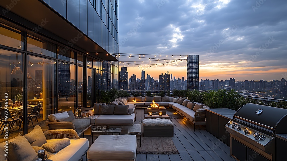 An elegant rooftop BBQ terrace with a modern grill, plush outdoor ...