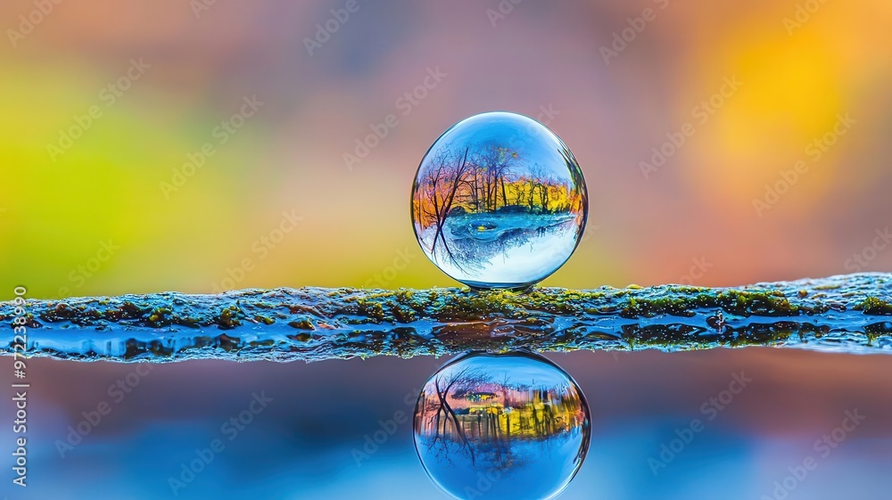 A single raindrop frozen in time, reflecting a distorted world ...