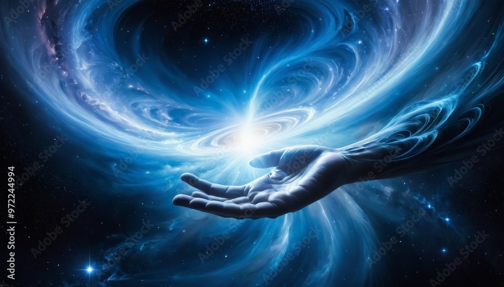 A hand extends into a cosmic swirl of blue and white light, capturing ...