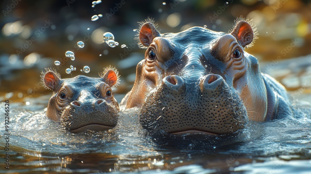 A plump hippo mother and her baby dive into the water, creating ripples ...