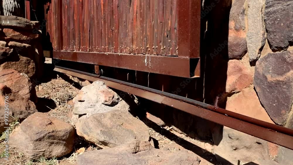 Automated electric sliding gate with wooden cladding smoothly closes on ...