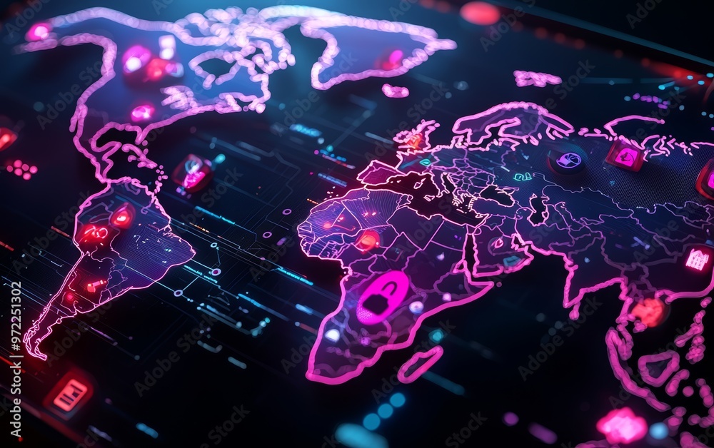 A glowing world map with AI icons and customer service avatars located ...