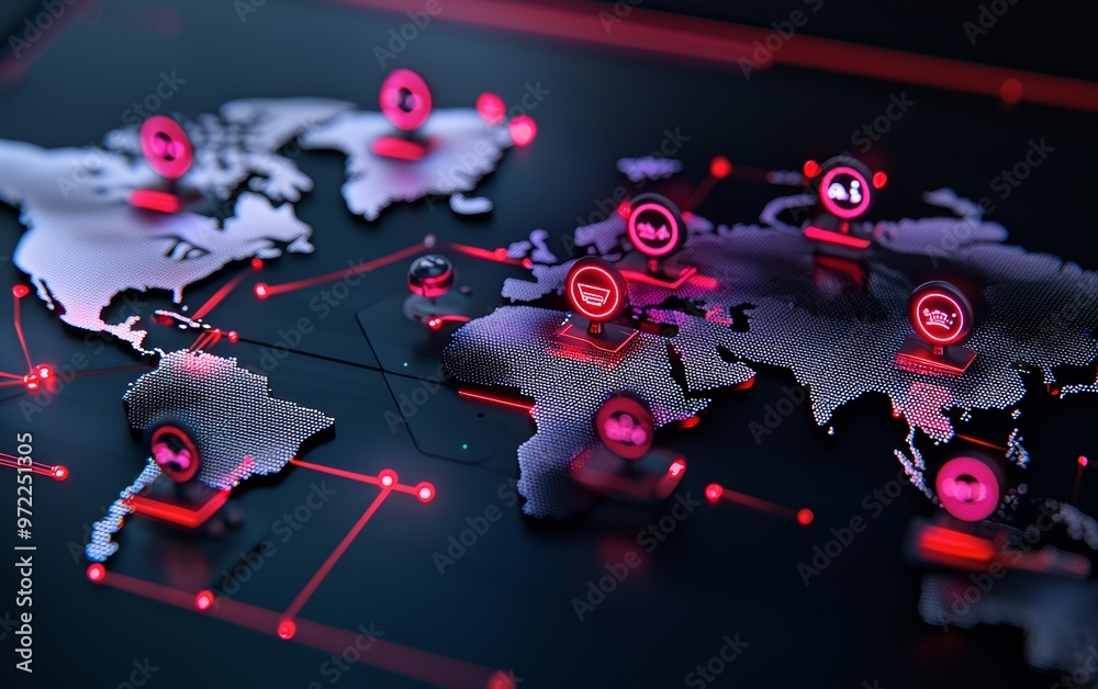 A glowing world map with AI icons and customer service avatars located ...