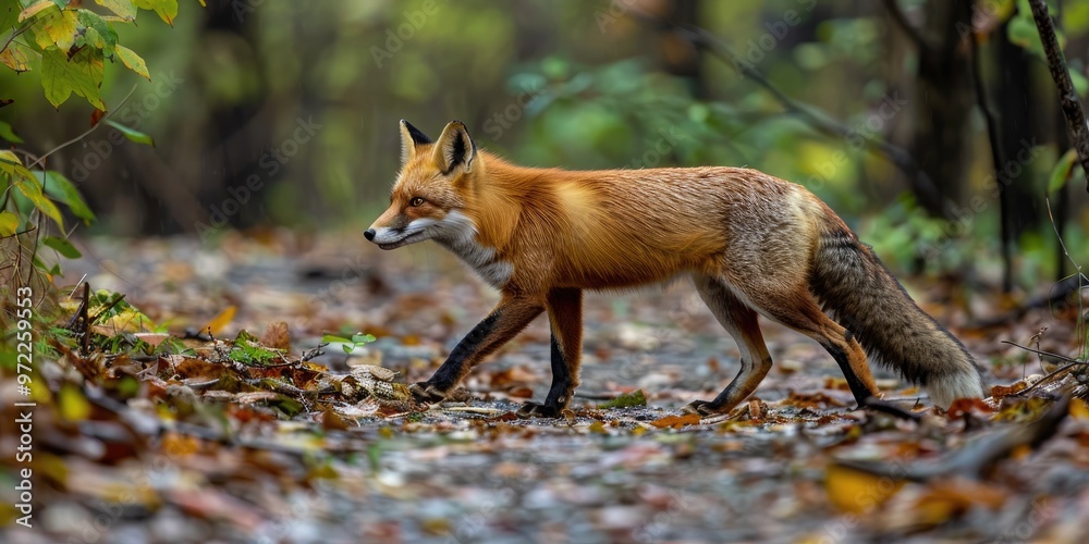 A red fox encountered on a forest path was startled and quickly ...