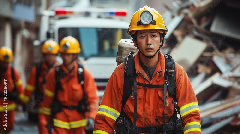 Firefighters, equipped with helmets and rescue gear, move through a ...