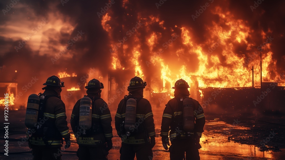 Firefighters Battling Large Building Fire at Night. Four firefighters ...