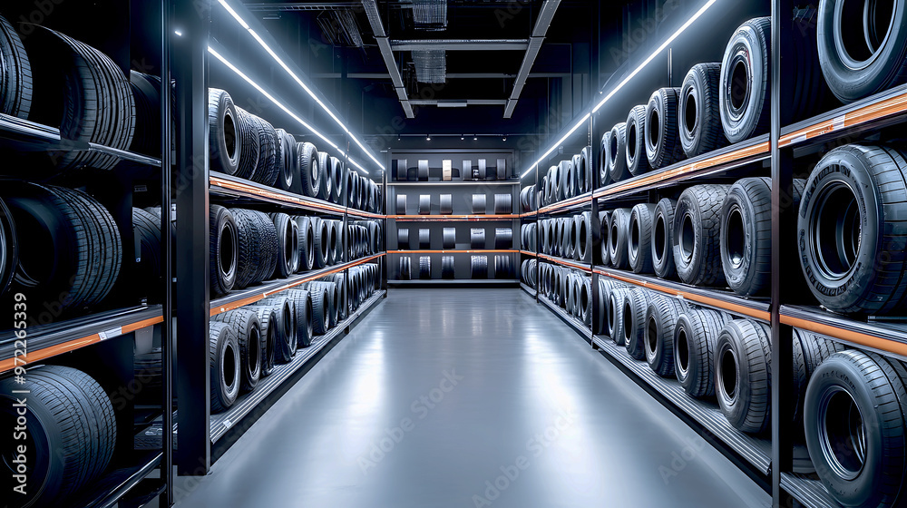 Inside a modern tire store, sleek tire racks line the walls, each row showcasing different sizes ...
