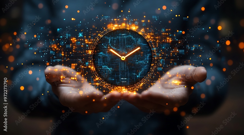 businessman holding a digital clock, holographic productivity tools ...
