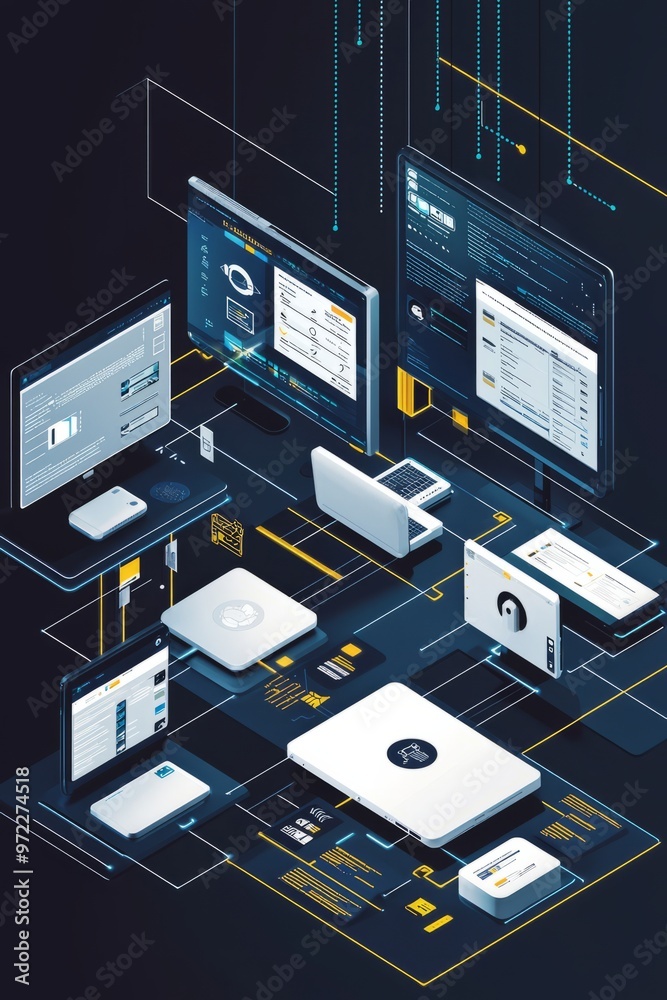 A cross-platform integration setup with various tech devices and ...