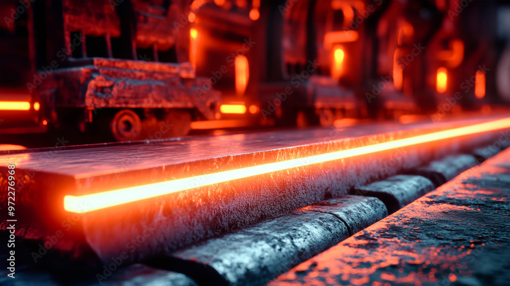Steel beams are aligned on the hot-rolling mill, glowing crimson as ...