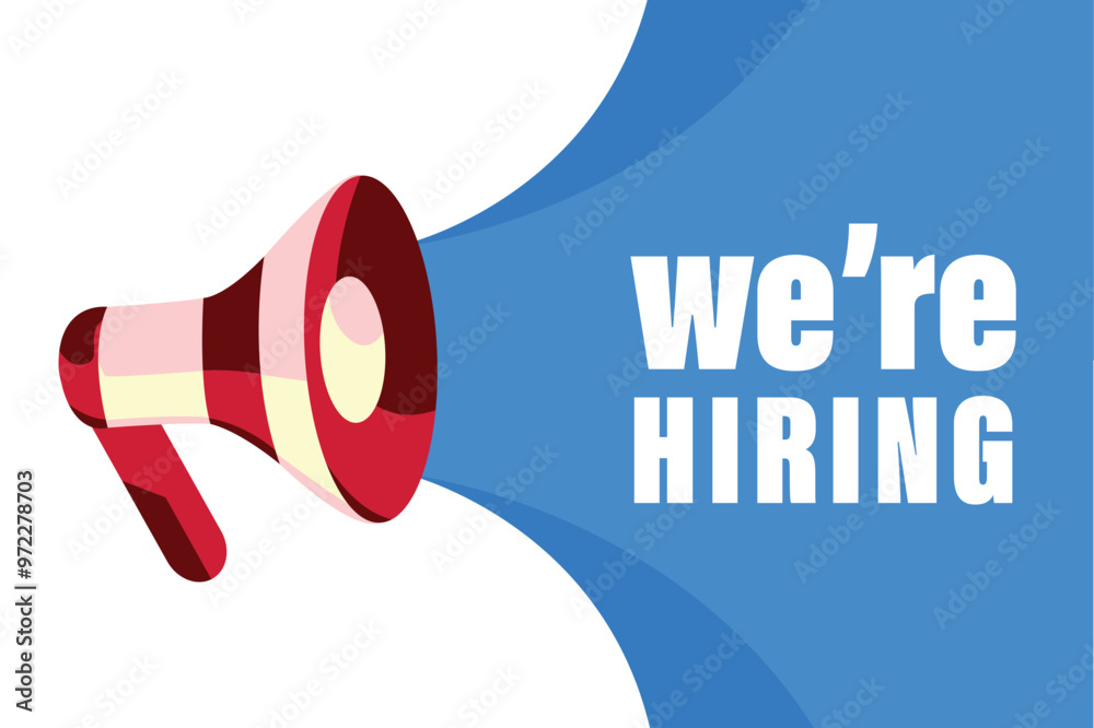We are hiring megaphone blue banner in 3D style on white background ...