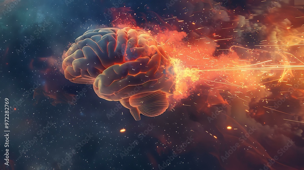 A human brain depicted in a semi-transparent style, with luminous beams ...