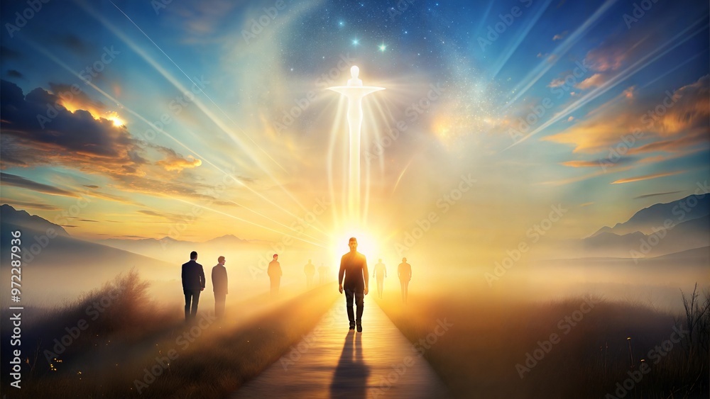 afterlife scene serene figure soul glowing light silhouettes radiant ...