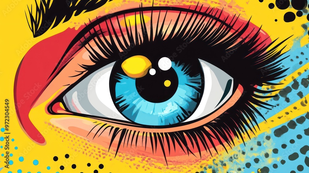 A vibrant pop art illustration of a human eye, featuring striking blue ...