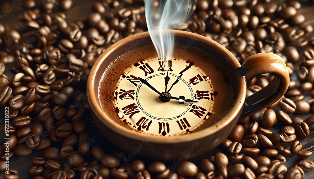coffee beans in a cup A realistic coffee cup clock with a circular ...
