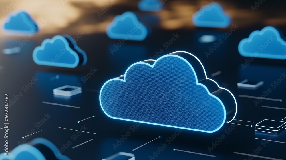 Blue cloud storage icons floating in a digital landscape glowing as ...