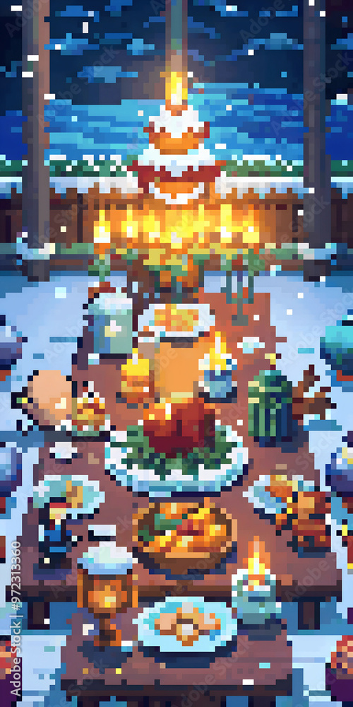 Cozy Winter Feast Under Candlelight A Pixel Art Celebration with ...