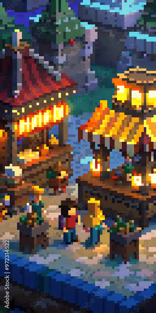 Vibrant Pixel Art Night Market Scene with Stalls and Characters Stock ...