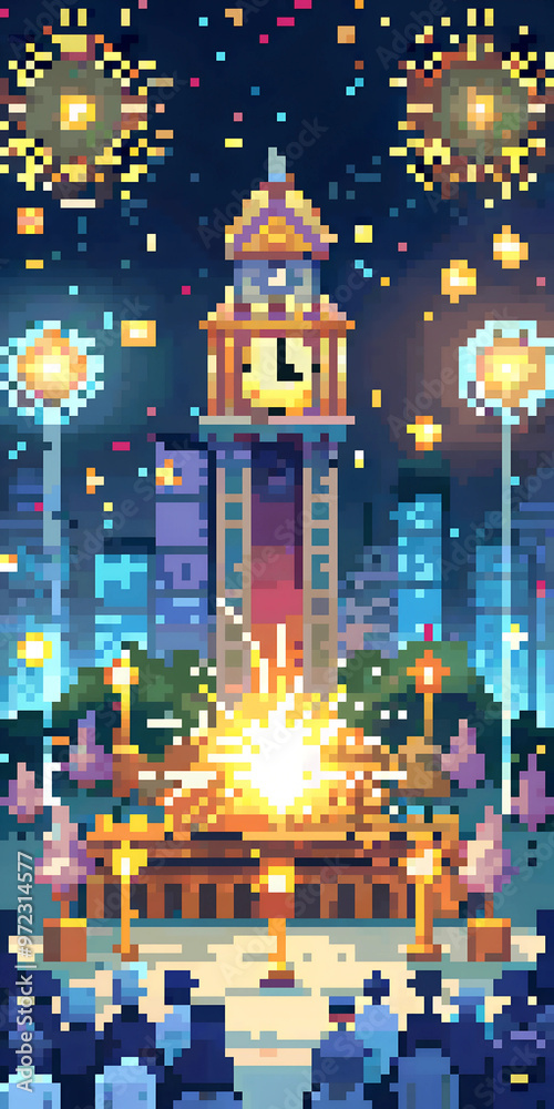 Pixel Art City Celebration with Fireworks and Clock Tower at Night ...