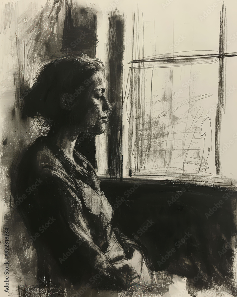Woman Gazing Through Window: A contemplative and evocative charcoal ...