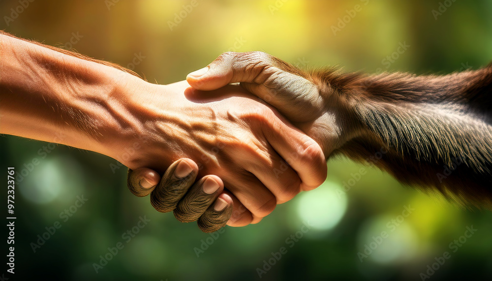 Closeup of handshake between a human hand and monkey hand on a blurred ...