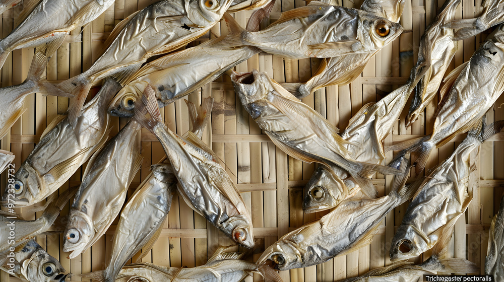 Many dried salted fish called "Trichogaster pectoralis" on the bamboo ...