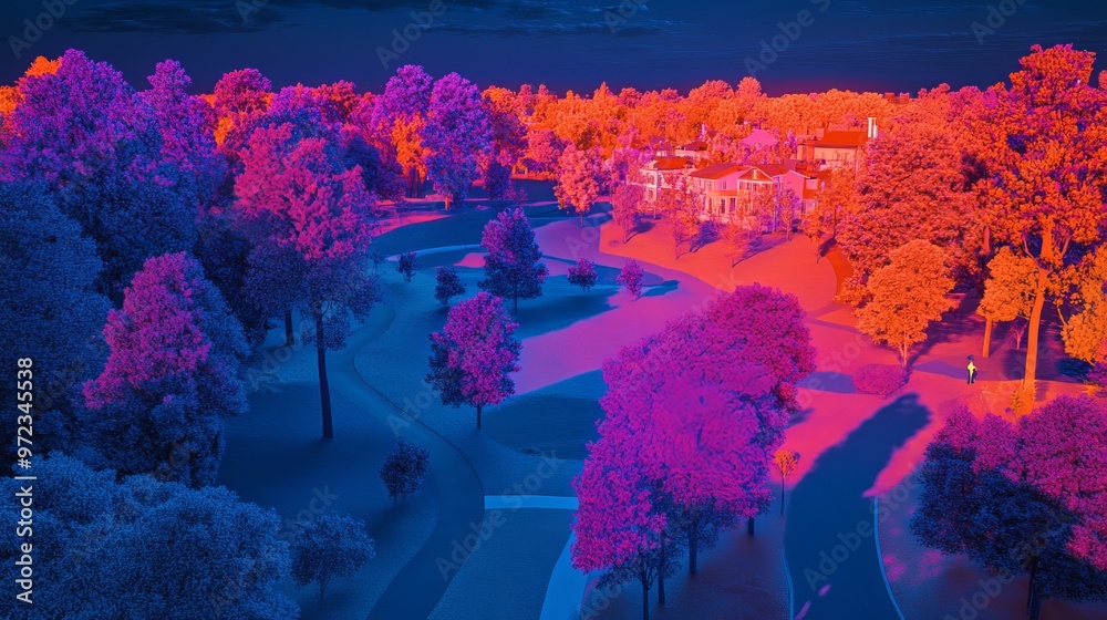 Heatmap of a suburban park, with vibrant colors showing the most ... Heatmap of a suburban park, with vibrant colors showing the most ...