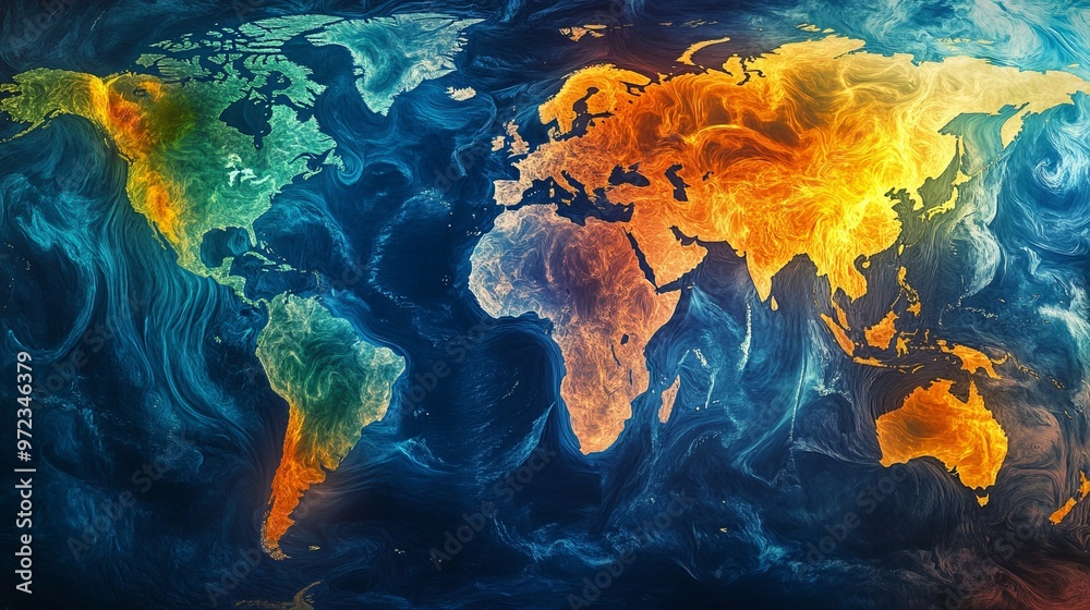 Detailed heatmap of global weather patterns, with swirling colors ...
