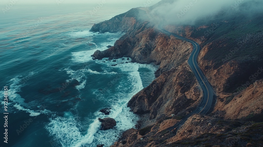 Aerial view of a dramatic cliffside with waves crashing below, a ...