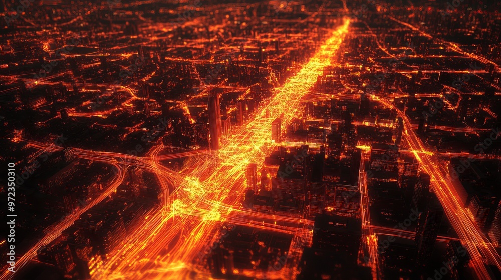 Heatmap of an urban road network, with bright red and orange lines ...