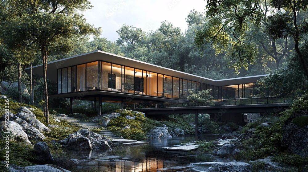 106. 3D architectural rendering of a modern house nestled within a lush ...
