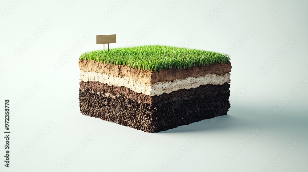 112. Real estate concept in 3D, with a land sign standing on a cube of ...